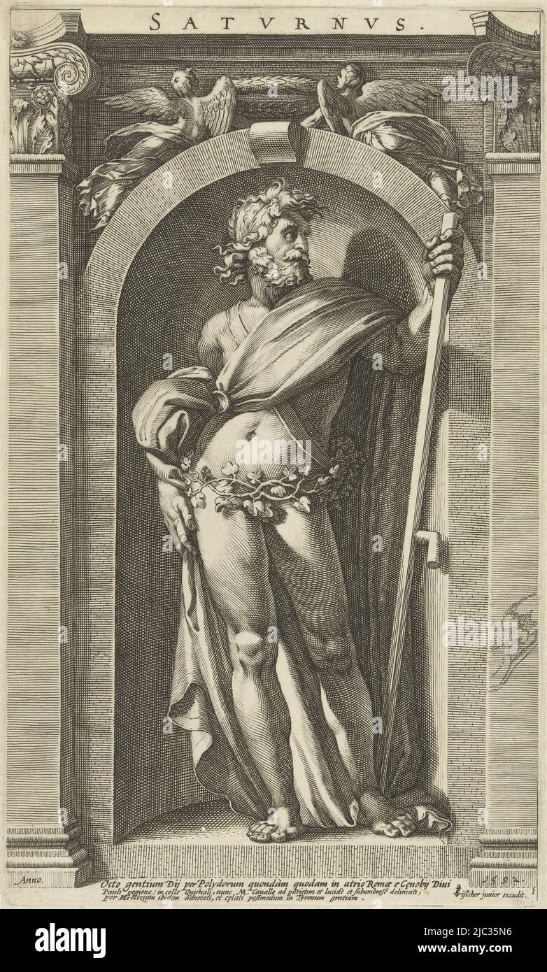 Saturn, standing in a niche, a scythe in his left hand. Below the ...