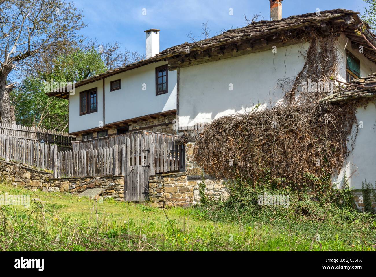 Typical street and old houses at historical village of Bozhentsi ...