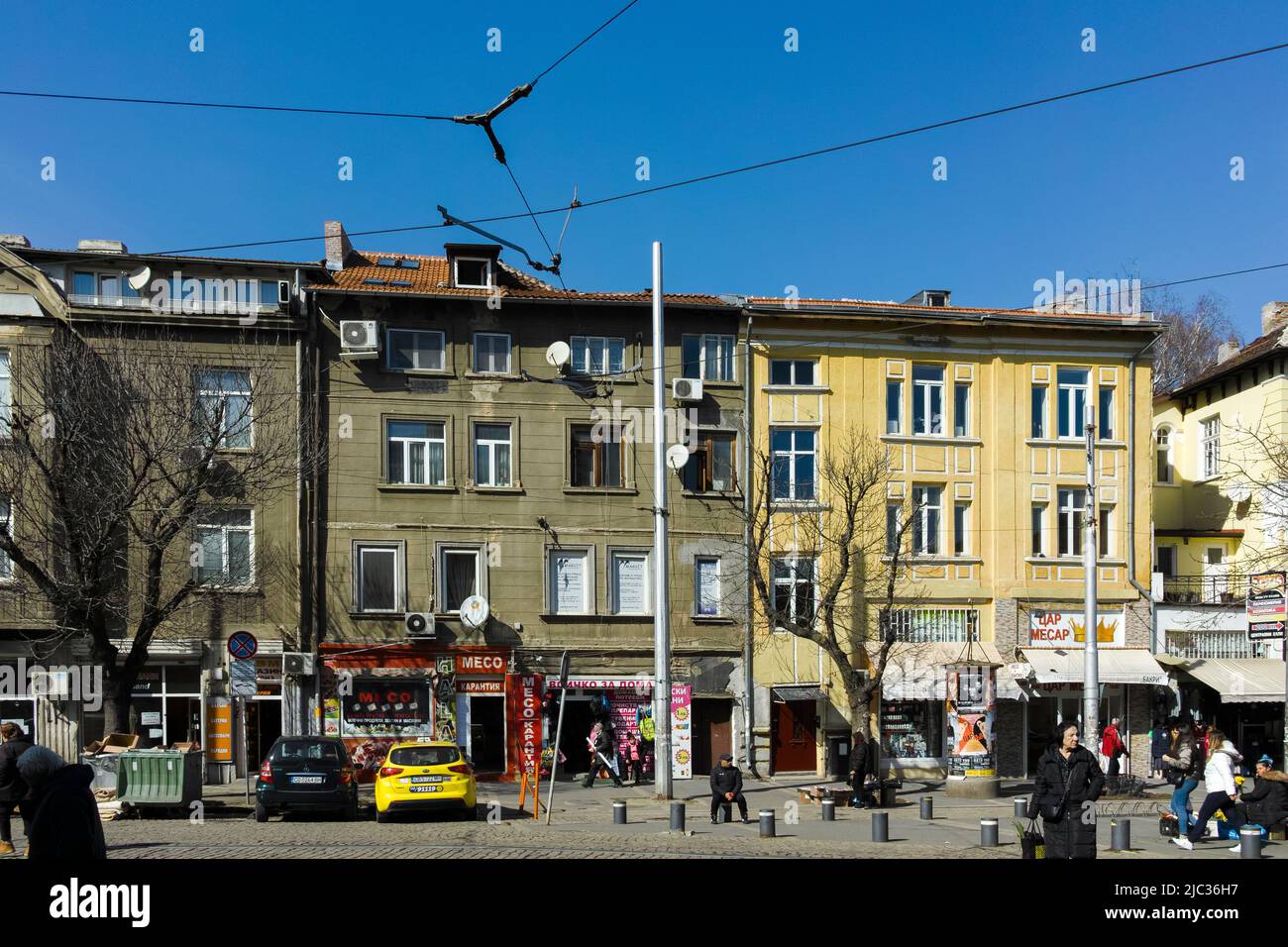 SOFIA, BULGARIA - FEBRUARY 25, 2022: Typical street and building at the center of city of Sofia ...