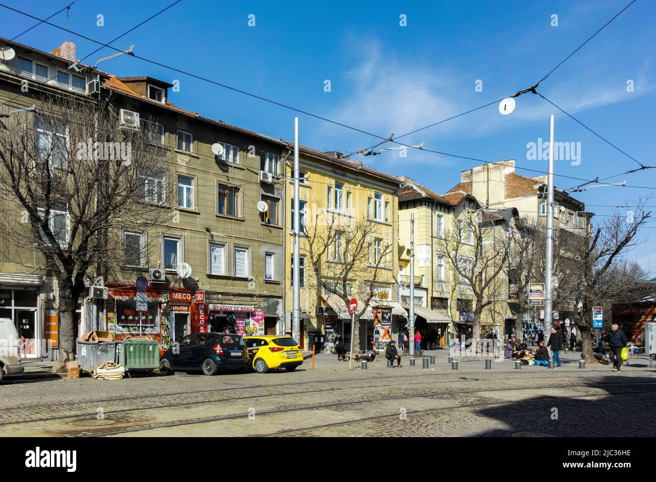 SOFIA, BULGARIA - FEBRUARY 25, 2022: Typical street and building at the center of city of Sofia ...