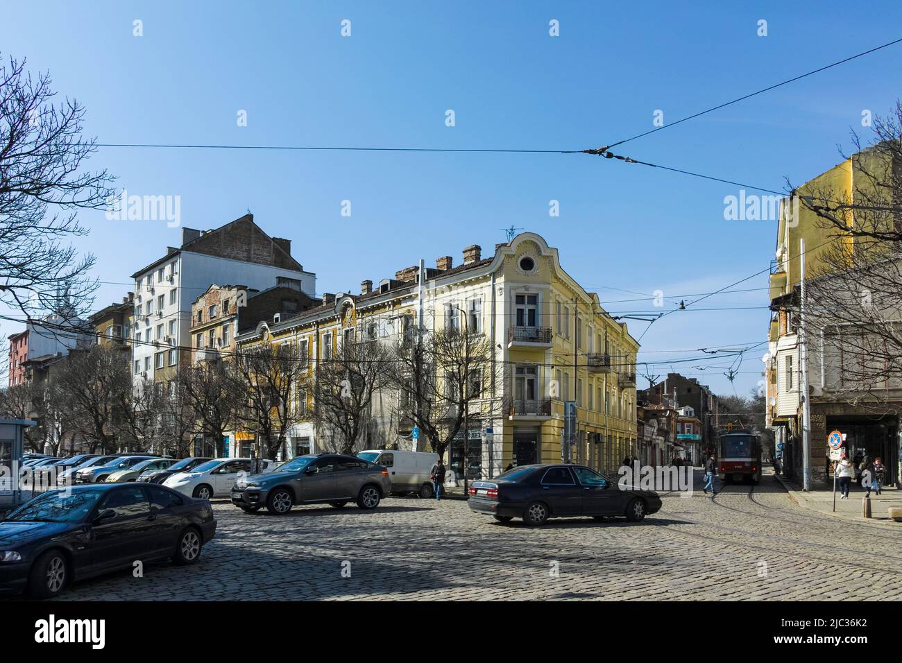 SOFIA, BULGARIA - FEBRUARY 25, 2022: Typical street and building at the center of city of Sofia ...