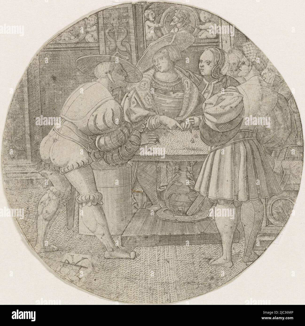 Circular representation showing three men around table with two dice ...