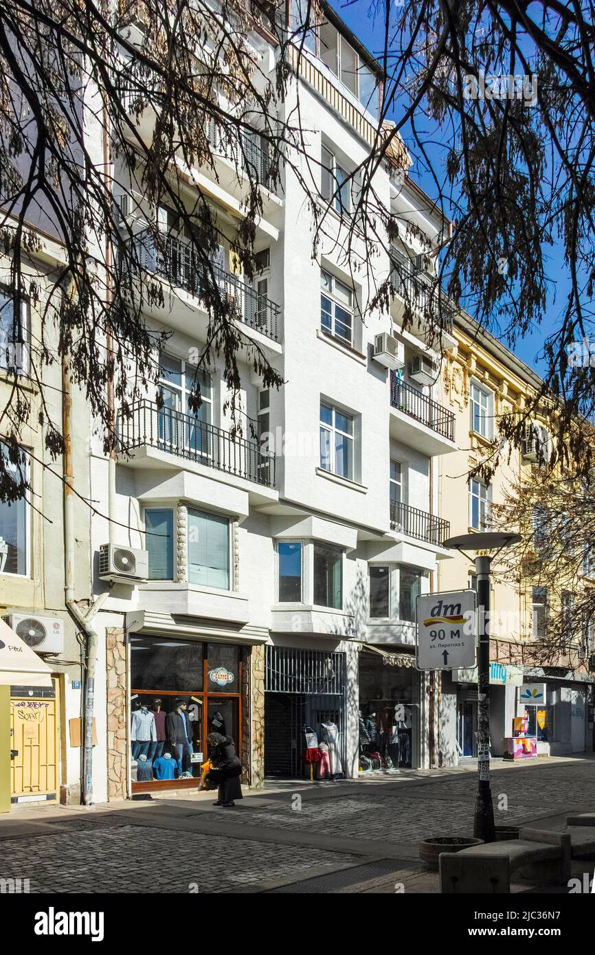 SOFIA, BULGARIA -FEBRUARY 25, 2022: Typical street and building at the center of city of Sofia ...