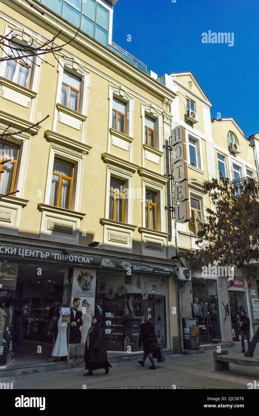 SOFIA, BULGARIA -FEBRUARY 25, 2022: Typical street and building at the center of city of Sofia ...