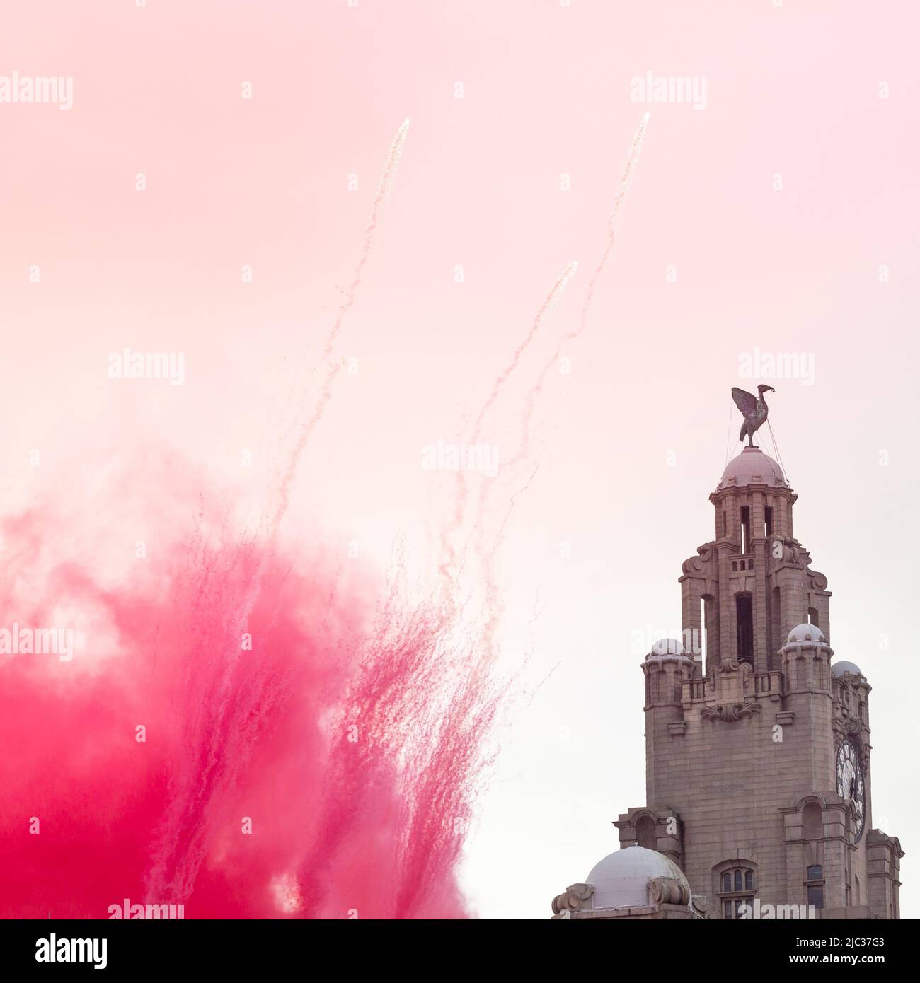Royal Liver Building, red flares, smoke and fireworks during victory ...