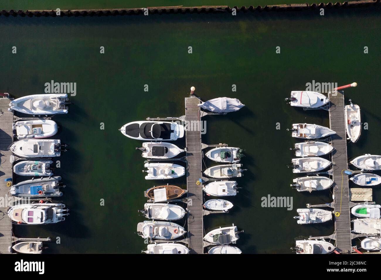 Aerial view of the small river port of Cinquale, province of Massa ...