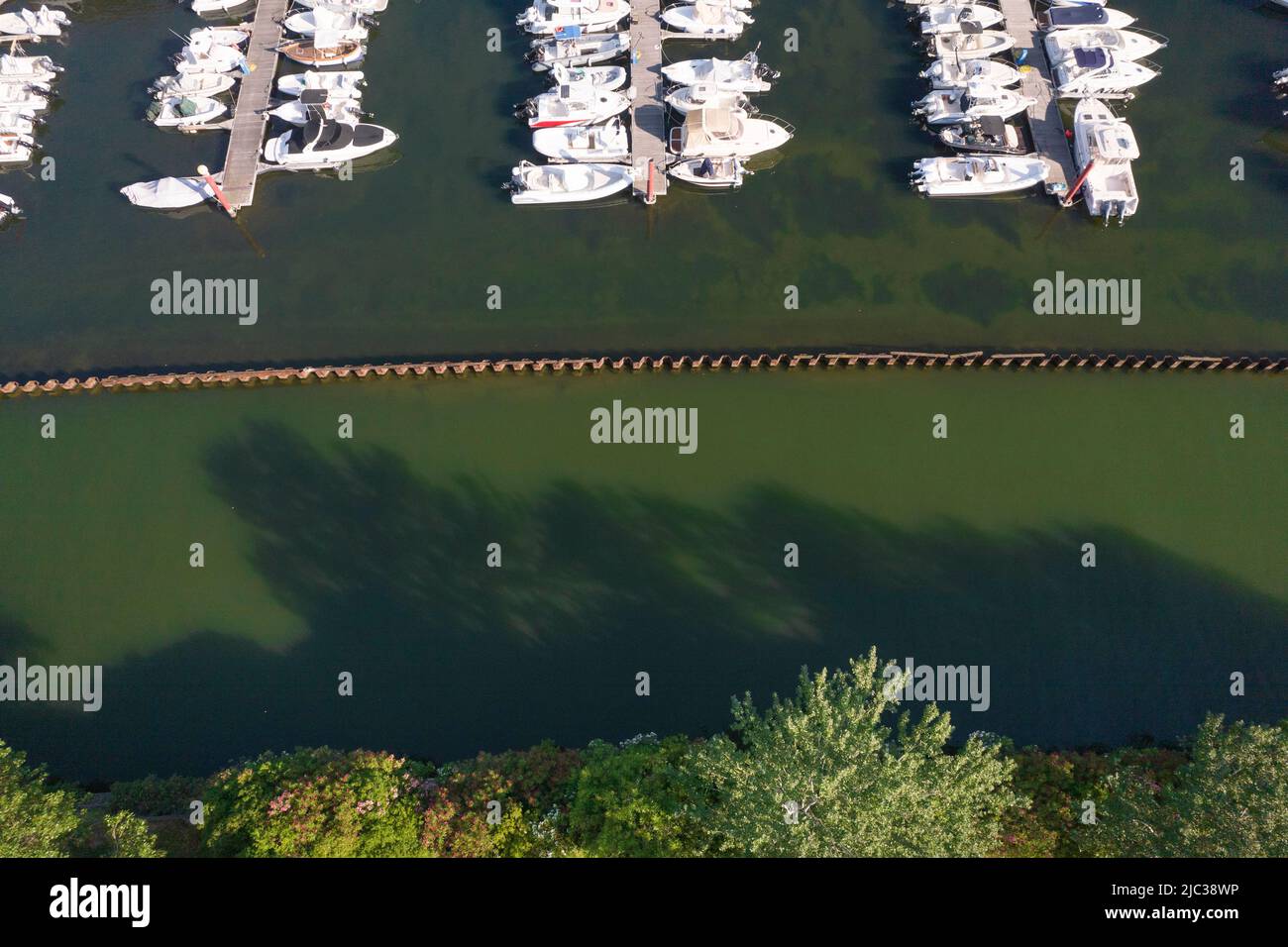 Aerial view of the small river port of Cinquale, province of Massa ...