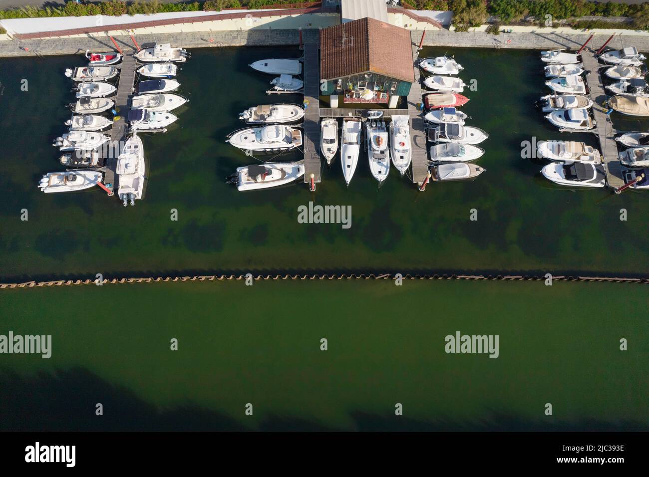 Aerial view of the small river port of Cinquale, province of Massa ...