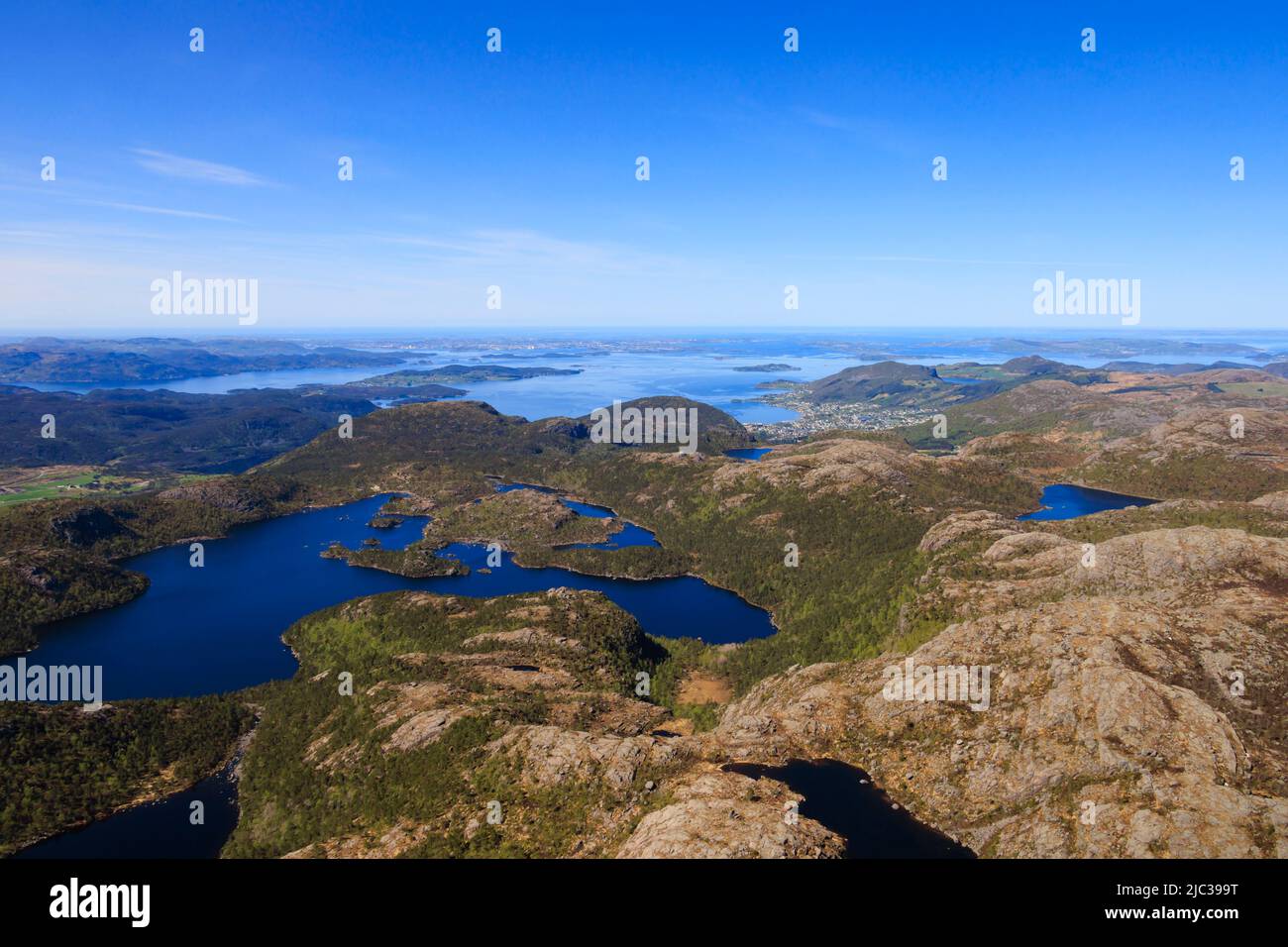 Flying in a helicopter towards Stavanger over the fjord from the north ...