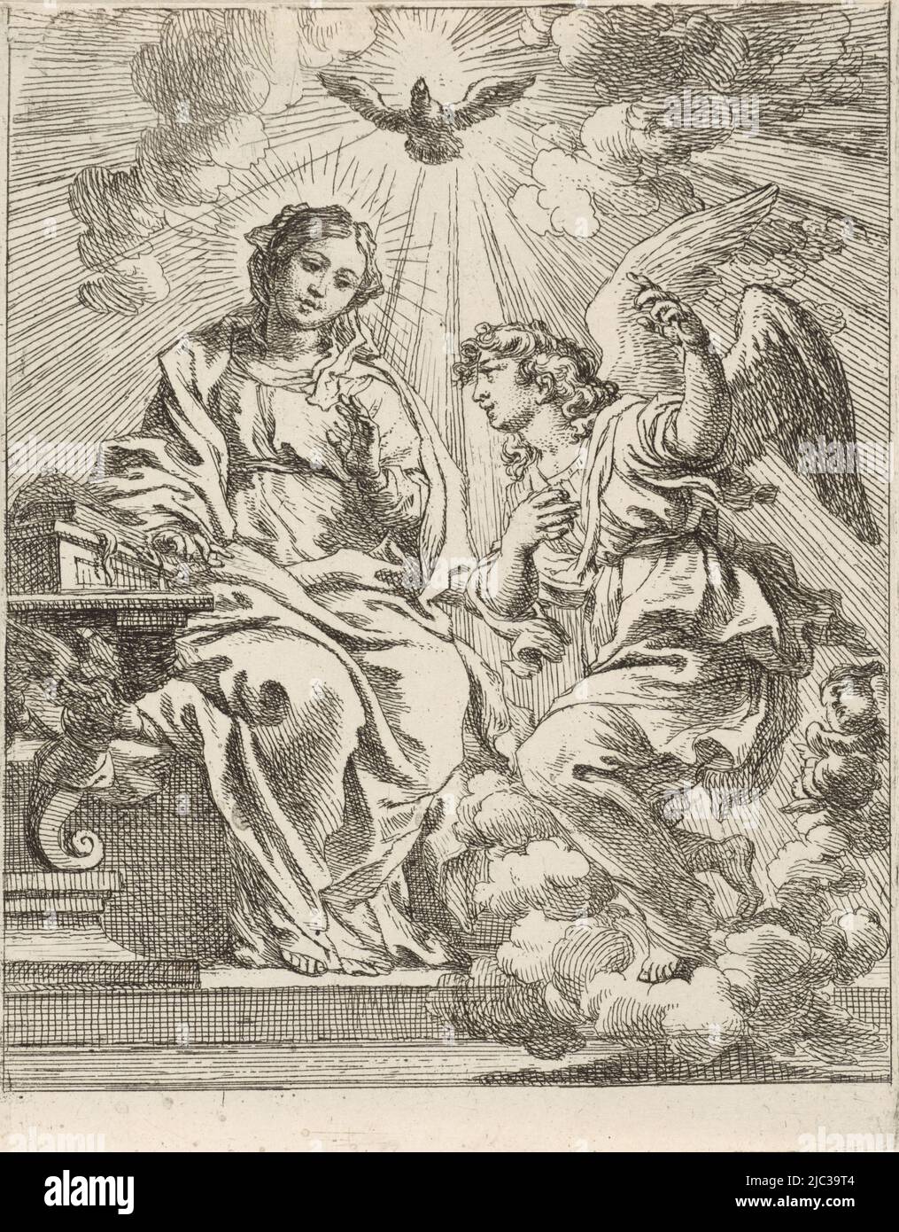 Mary is seated at a table holding a book. The angel Gabriel stands ...