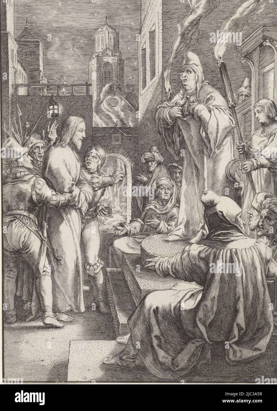 Christ being led before the high priest Caiaphas. Caiaphas stands on a ...