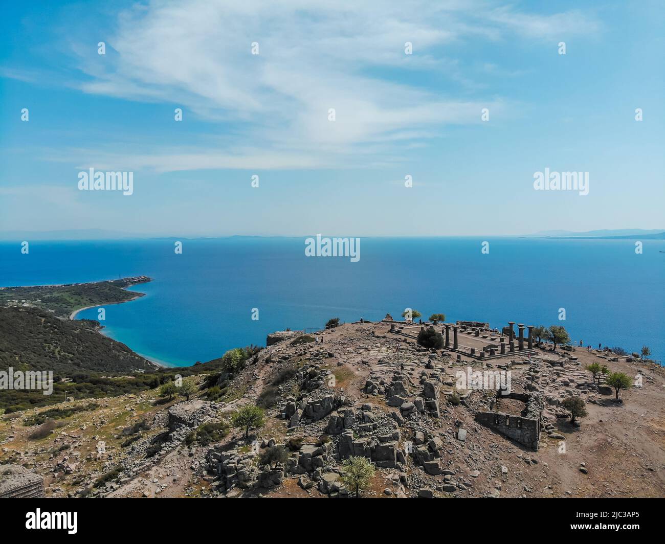 landscape view of Athena temple in Assos. Aerial shot of the ruins in ...