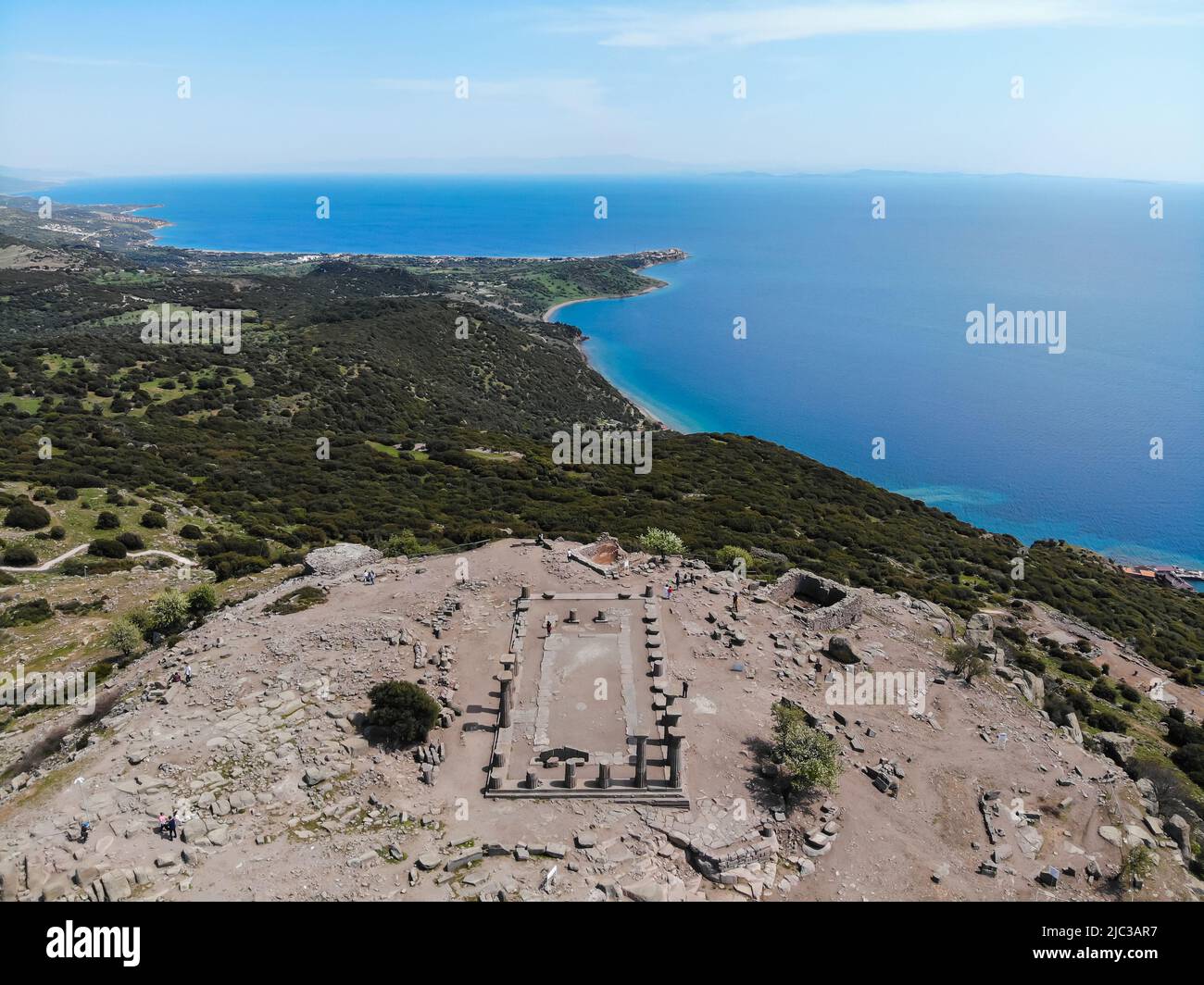 Aerial view of the landscape, ruins of the Temple of Athena in Assos in ...