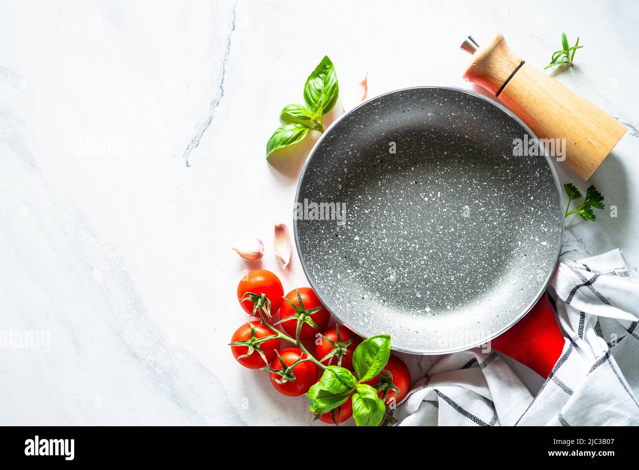 Food cooking background with Frying pan, herbs and utensil on white ...