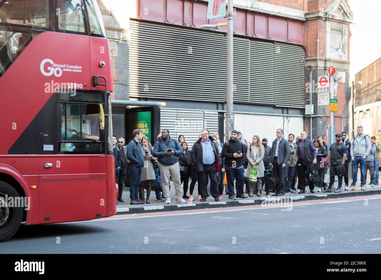 Long bus queues seen at Waterloo Station this morning. Image shot on ...