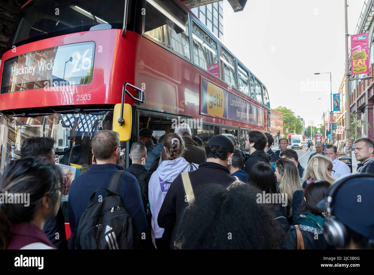 Long bus queues seen at Waterloo Station this morning. Image shot on ...