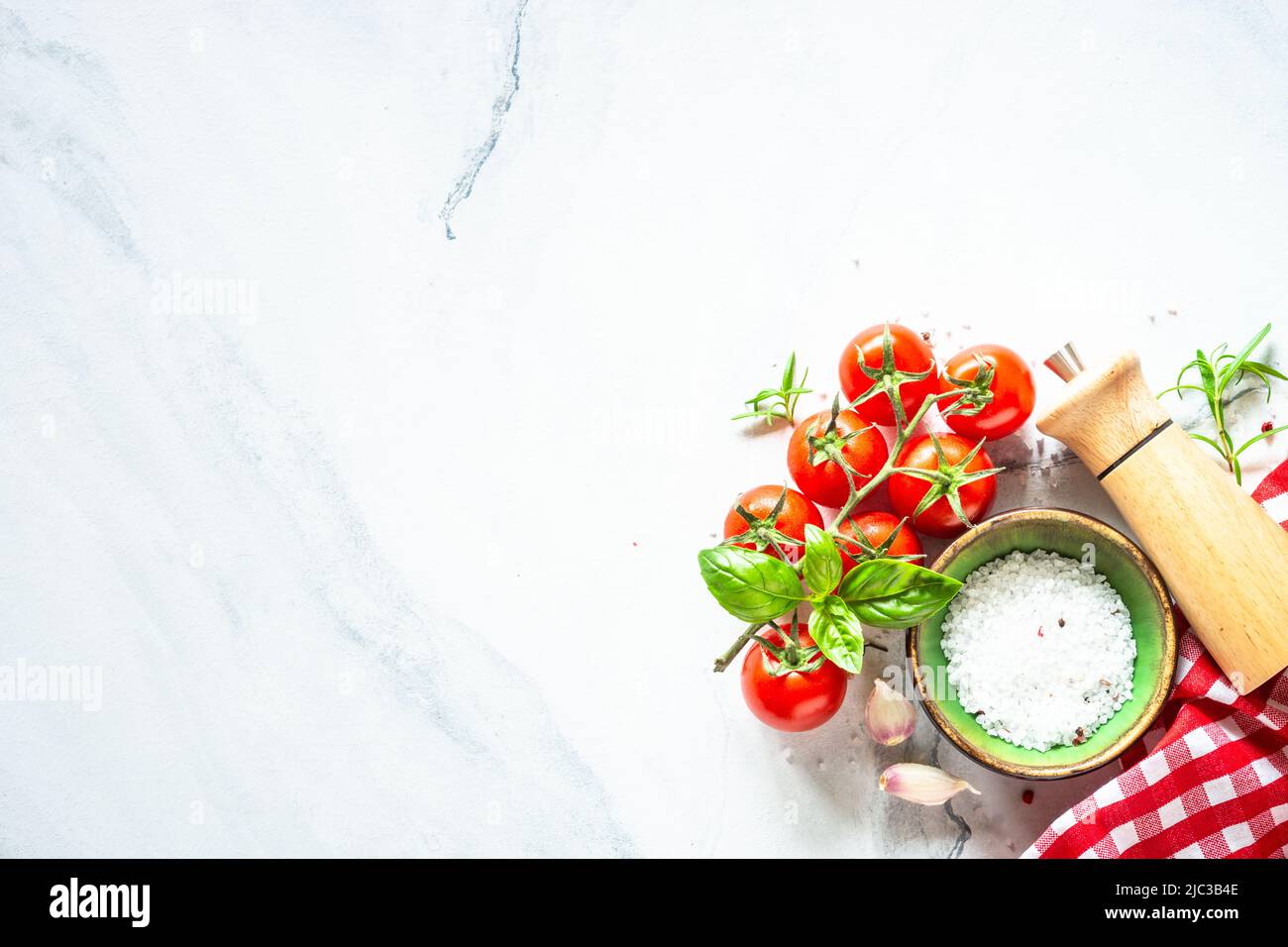 Food cooking background on white marble table Stock Photo - Alamy