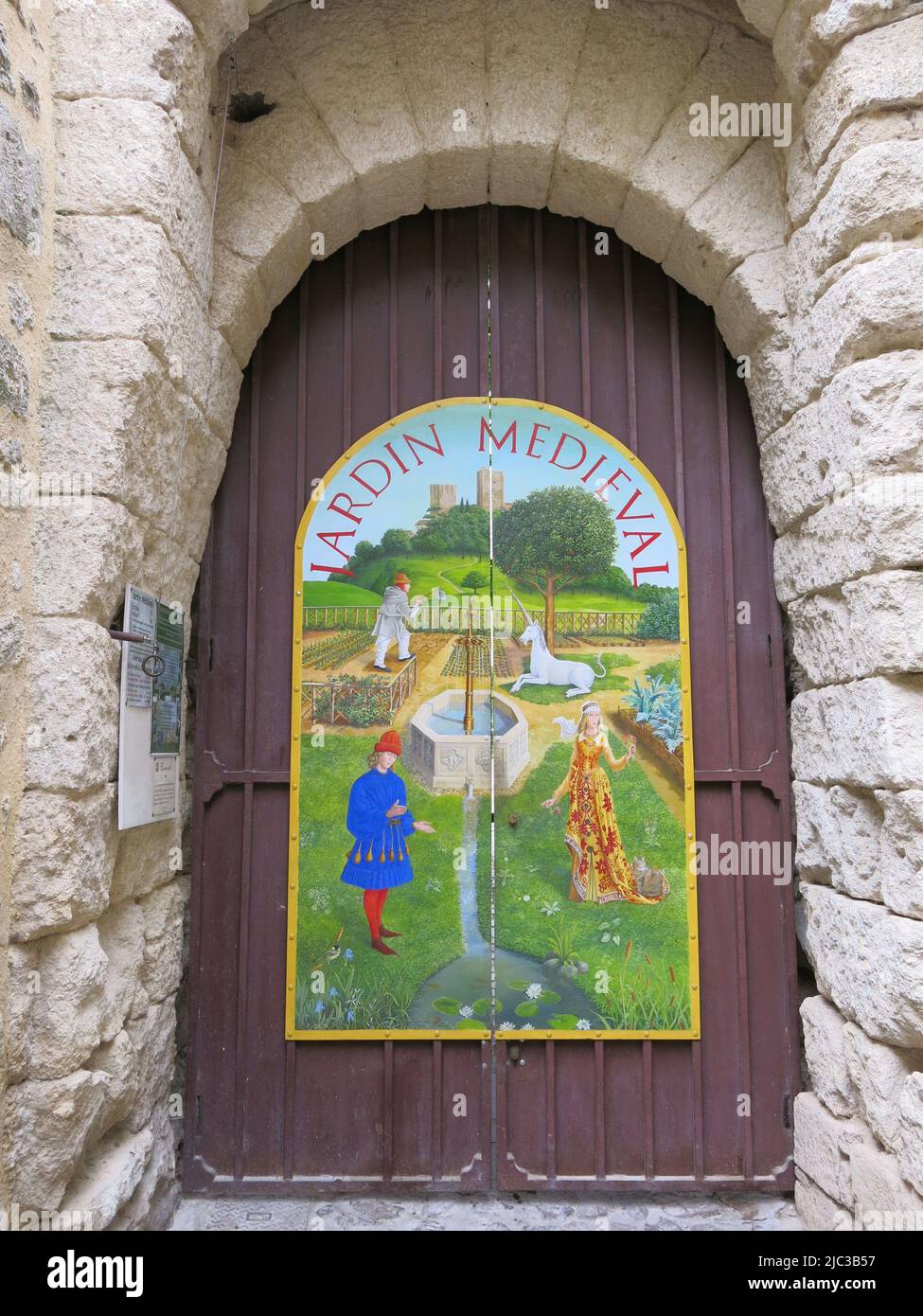 A painted scene of a formal garden in the the Middle Ages on the wooden ...