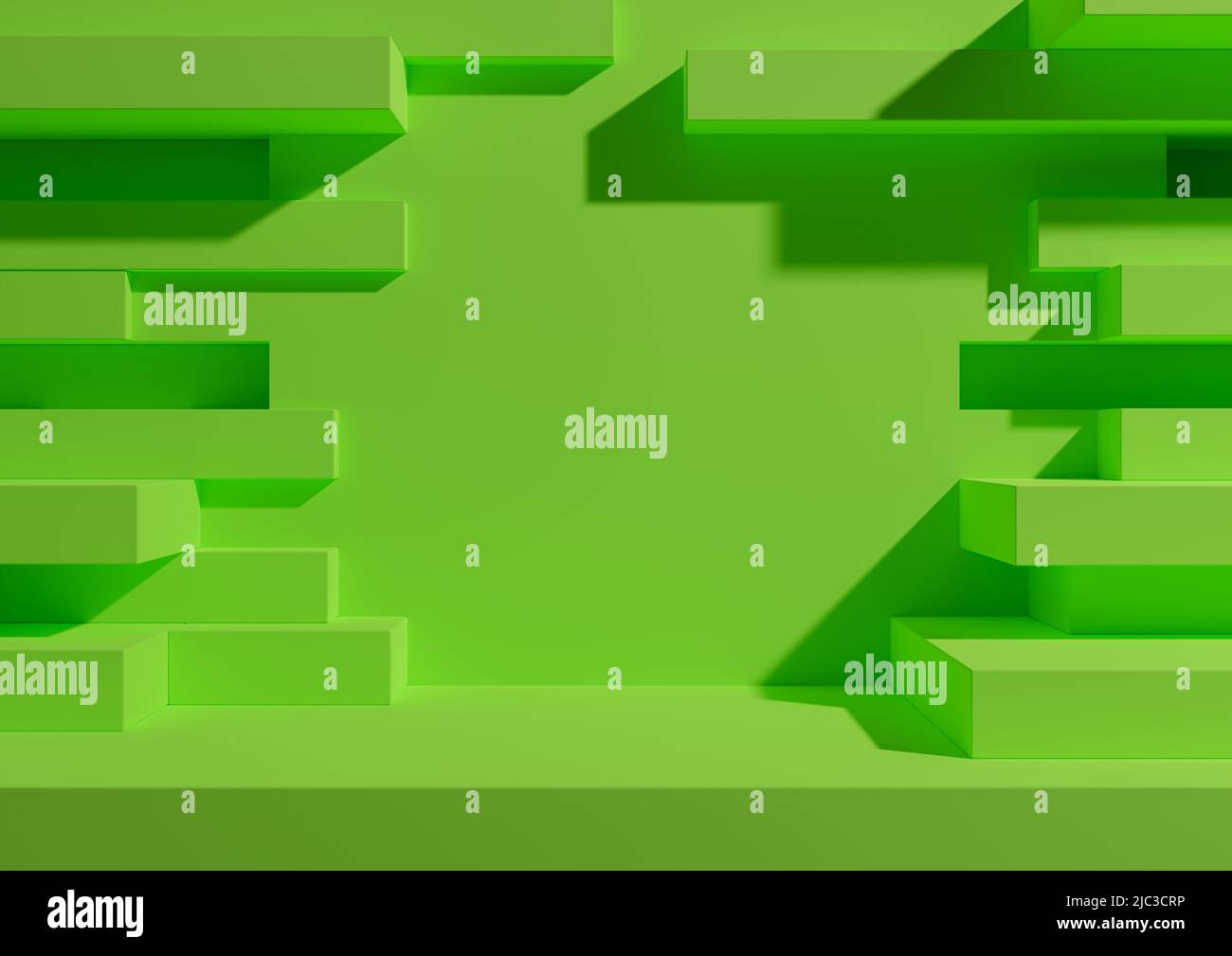 Bright, neon green 3D rendering product display podium or stand with abstract brick wall or ...