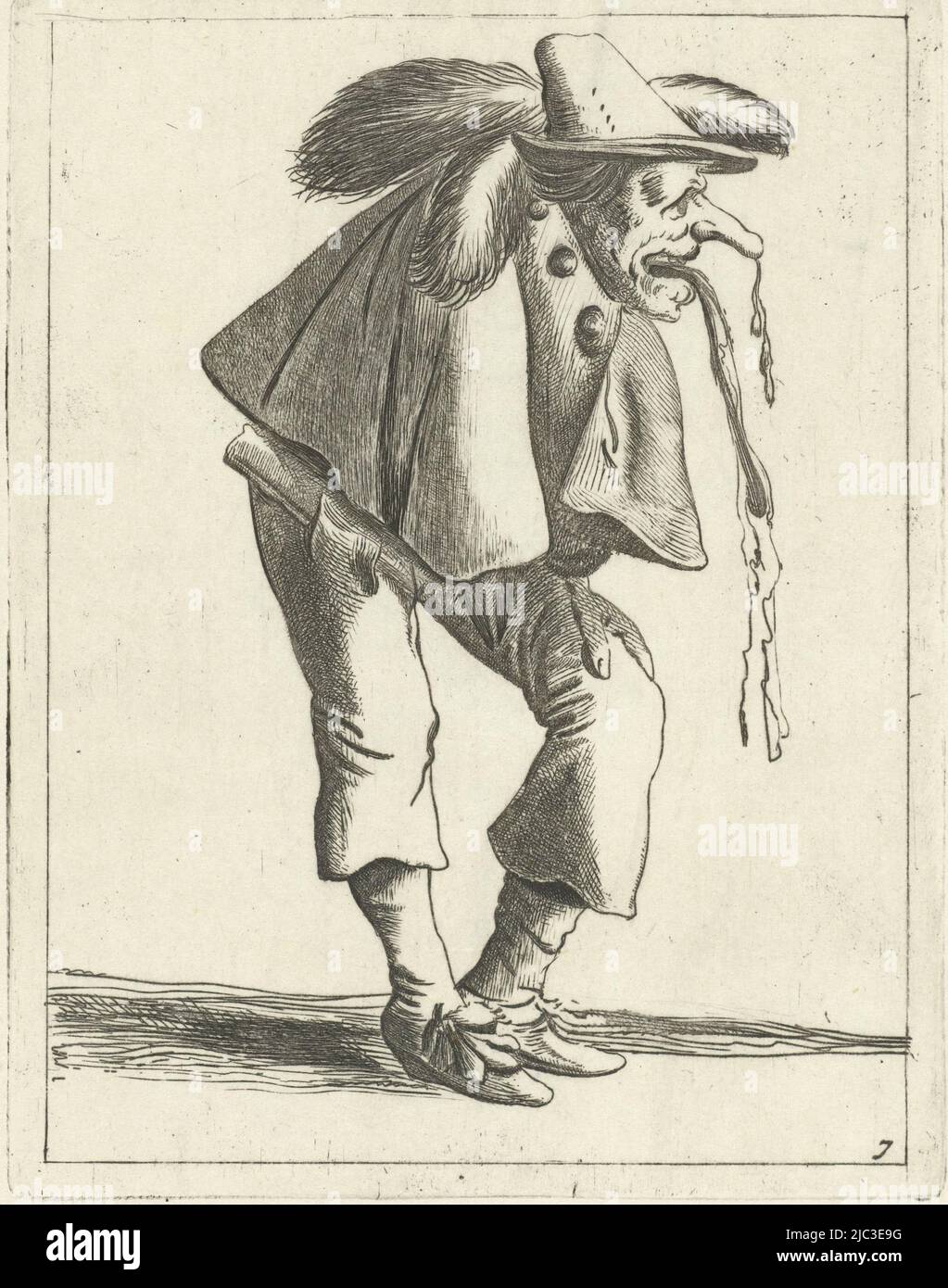 Vomiting fool wearing a hat with feathers on his head and a cloak. A ...