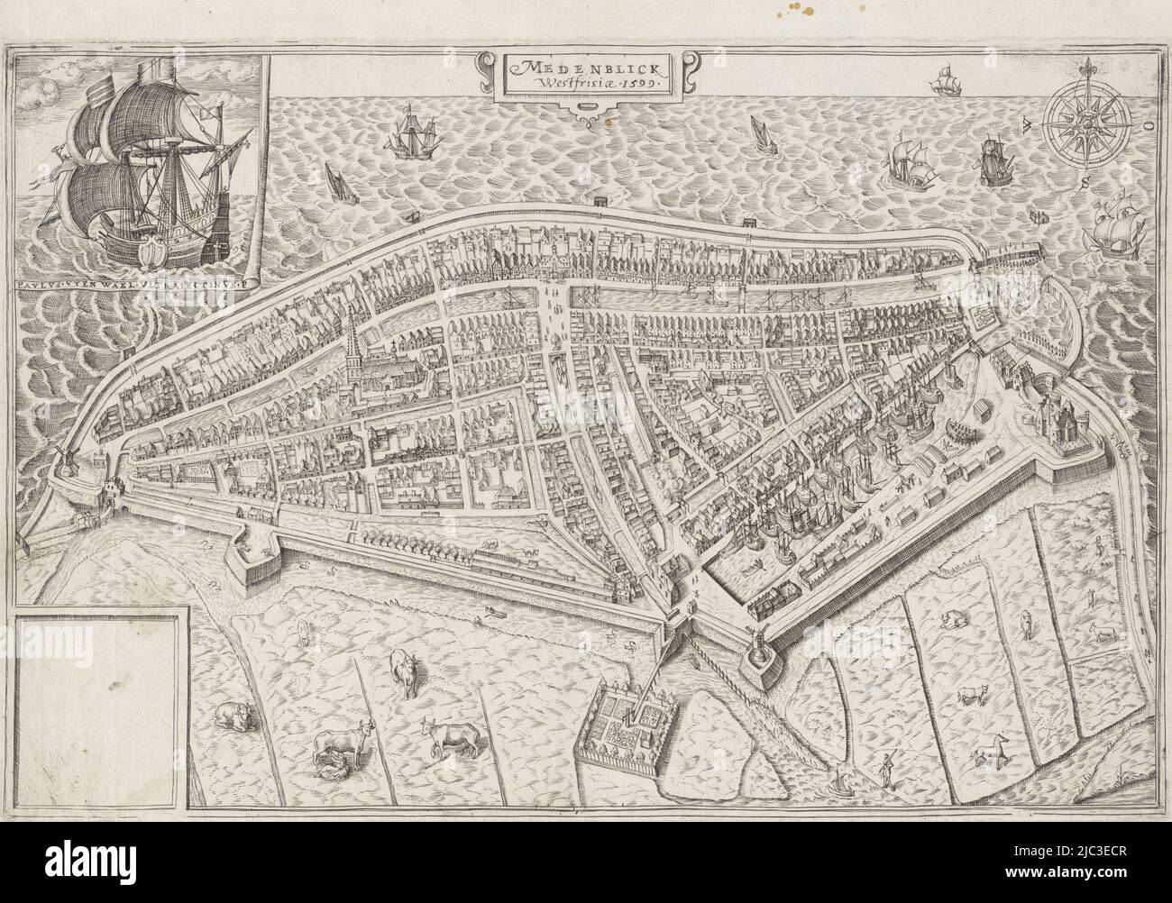 Map of the walled town of Medemblik, seen from a bird's eye view. Below ...