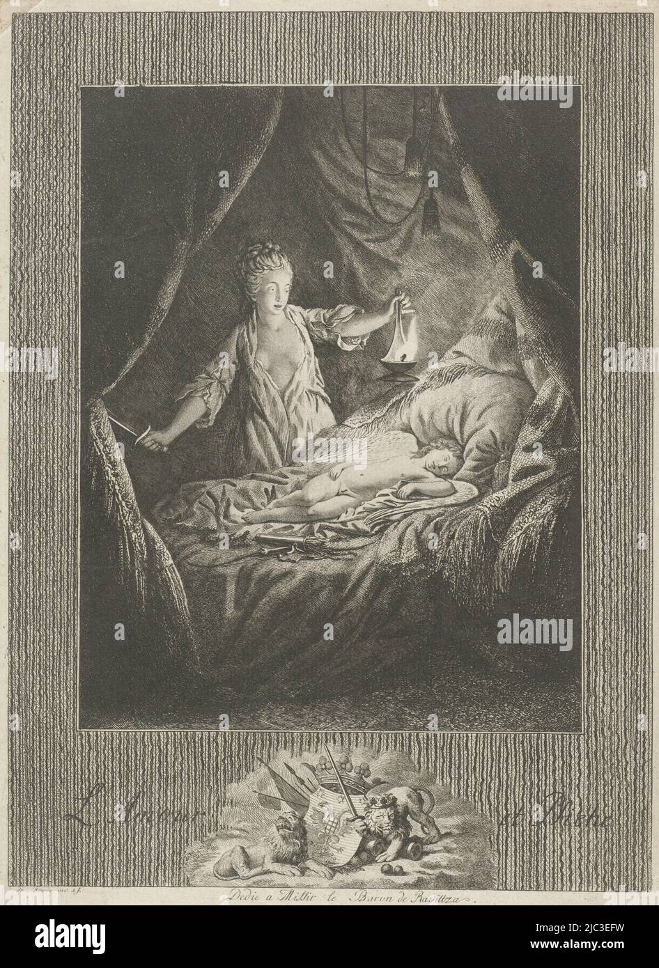 Psyche spies the god Amor in his sleep. She holds an oil lamp and a ...