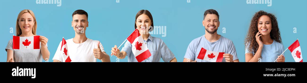 Set of people with flags of Canada on light blue background Stock Photo ...