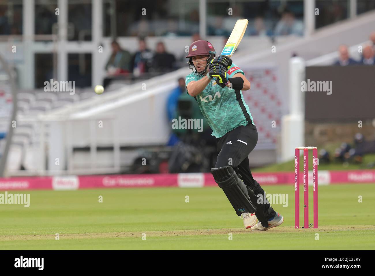 9 June 2022. London, UK. Surrey’s Jamie Overton batting as Middlesex ...