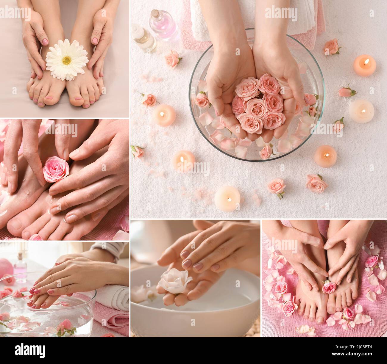 Collage with young women undergoing spa pedicure and manicure treatment ...