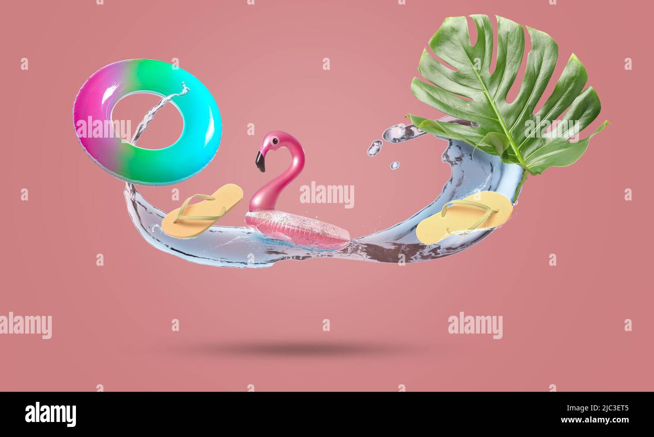 Collage with beach accessories, tropical leaf and water splash on pink ...