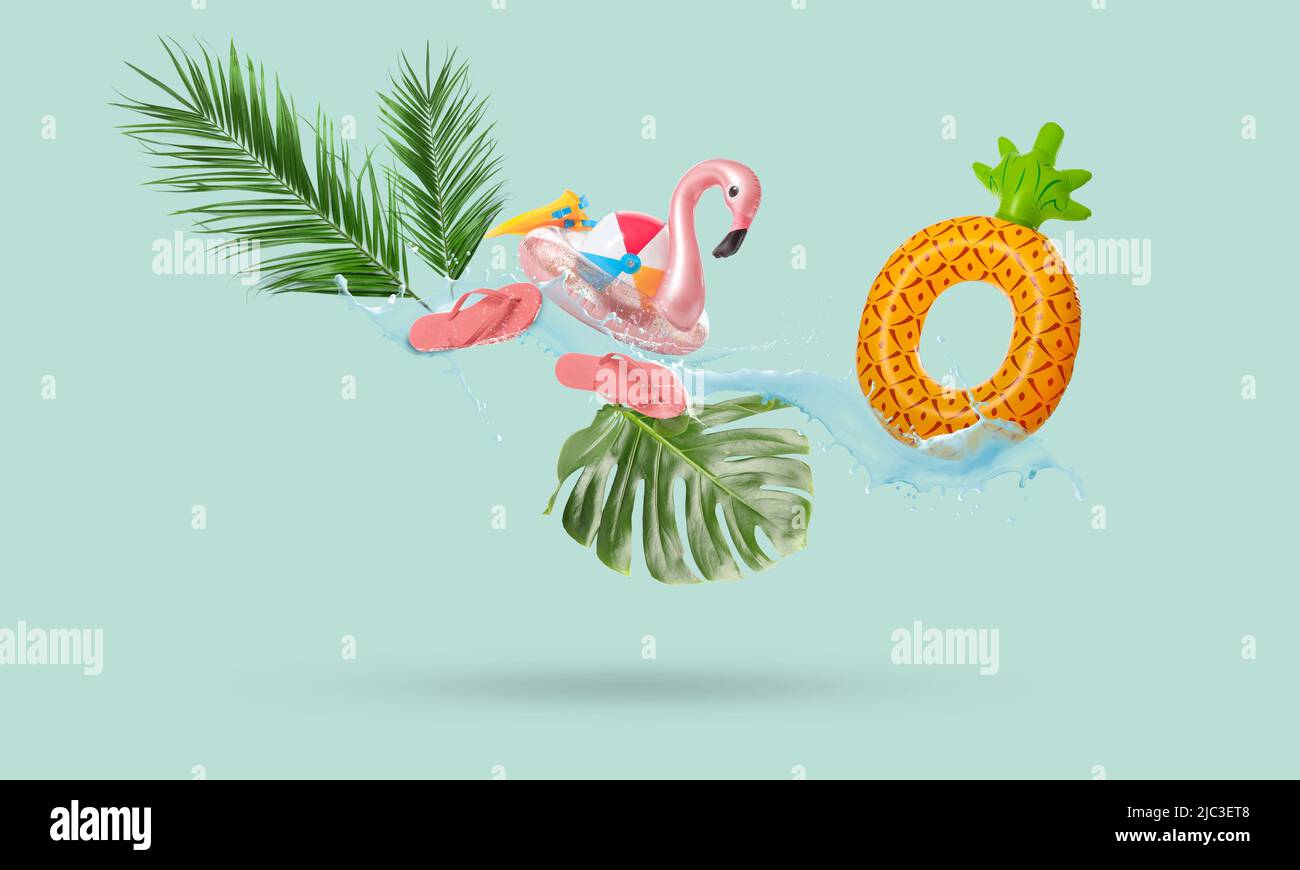 Collage with beach accessories, tropical leaves and water splash on ...