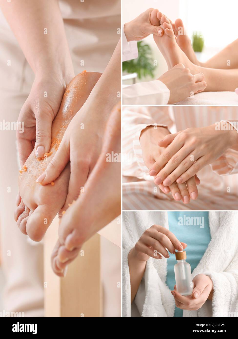 Collage with young women having massage in beauty salon and using skin ...