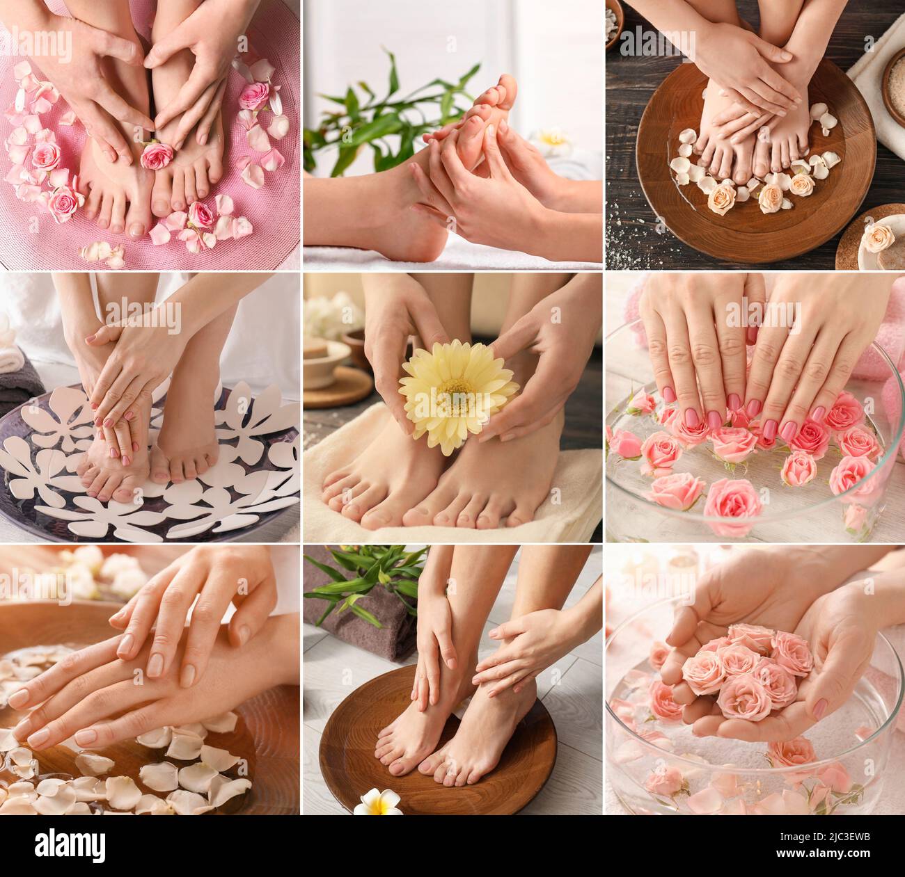 Collage with young women undergoing spa pedicure and manicure treatment ...
