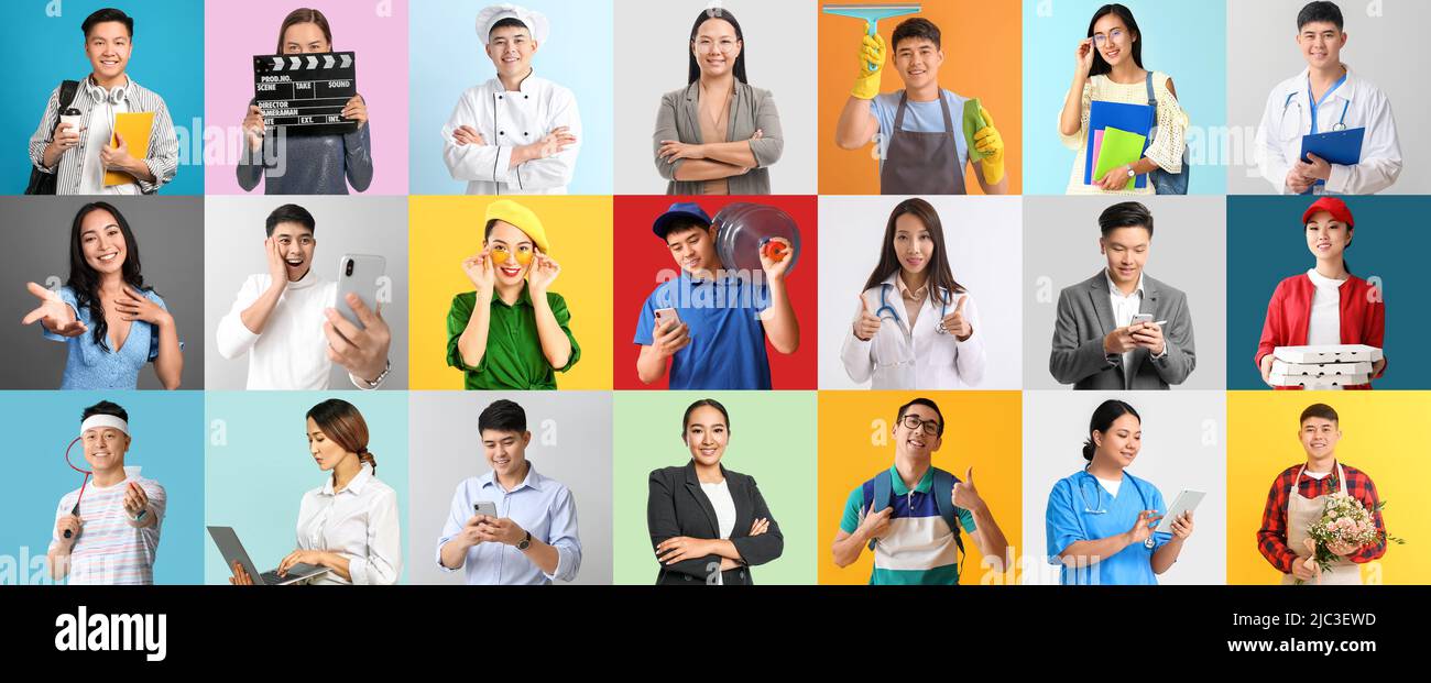 Set of young Asian people on color background Stock Photo - Alamy