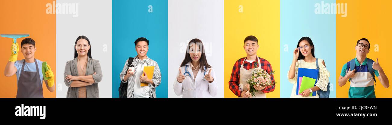 Set of young Asian people on color background with space for text Stock ...