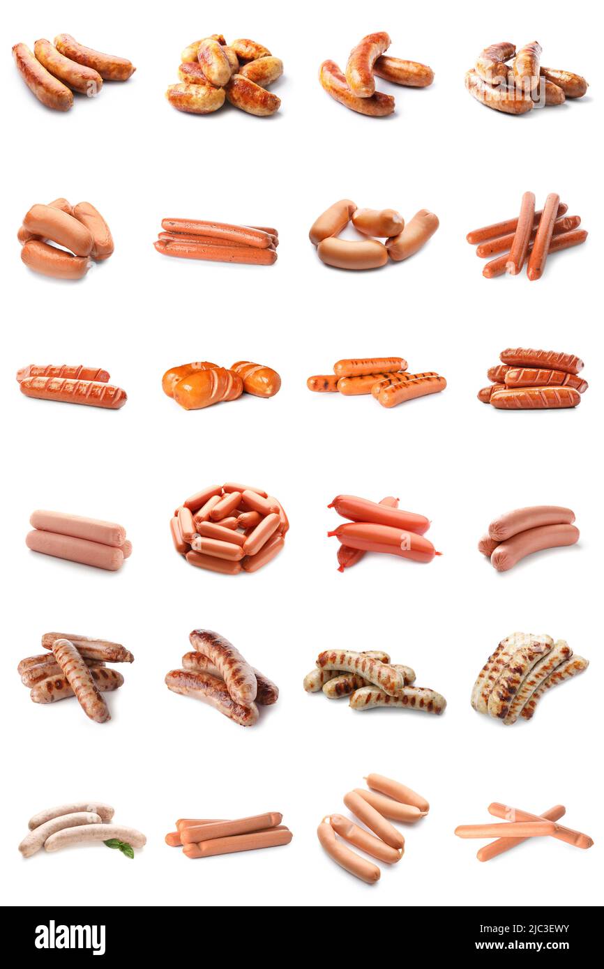 Set of many delicious sausages isolated on white Stock Photo - Alamy
