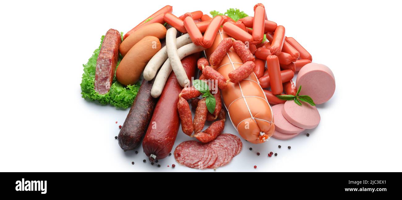 Different kinds of sausages on white background Stock Photo - Alamy