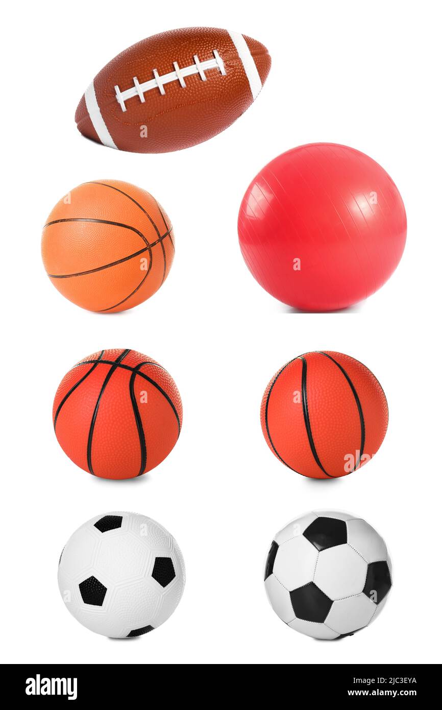 Set of different balls for training on white background Stock Photo - Alamy