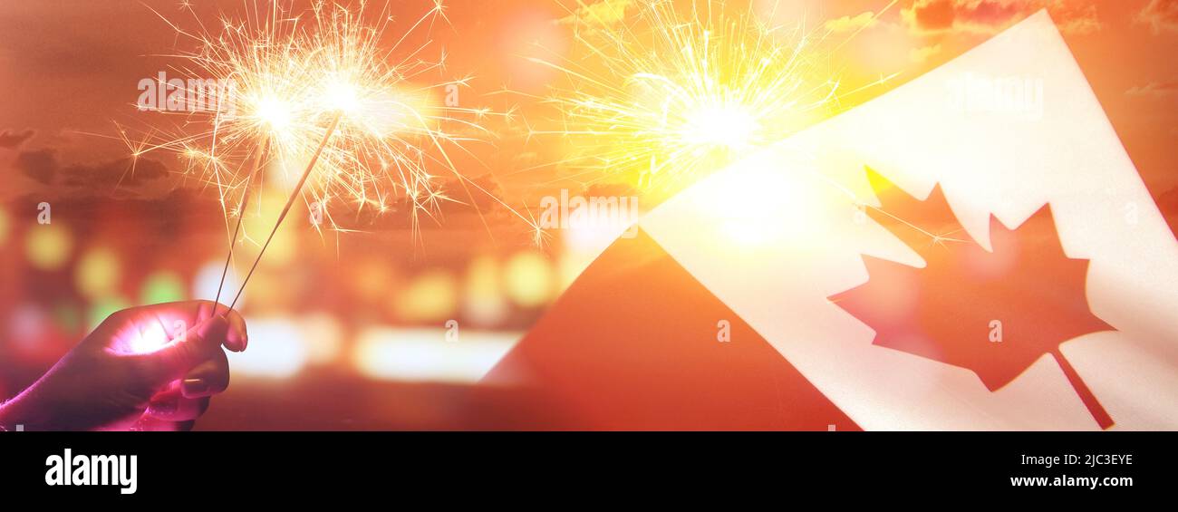 Collage with Canadian flag and sparklers. Canada Day celebration Stock ...