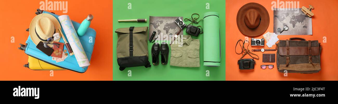 Set of traveler's accessories on color background, top view Stock Photo ...