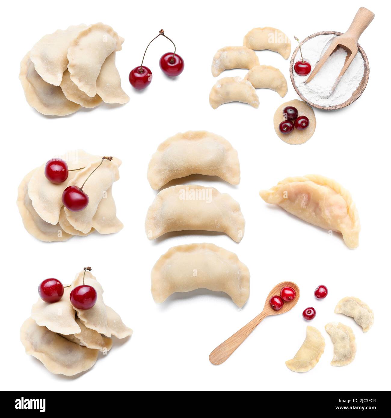 Set of traditional dumplings with cherries on white background Stock ...