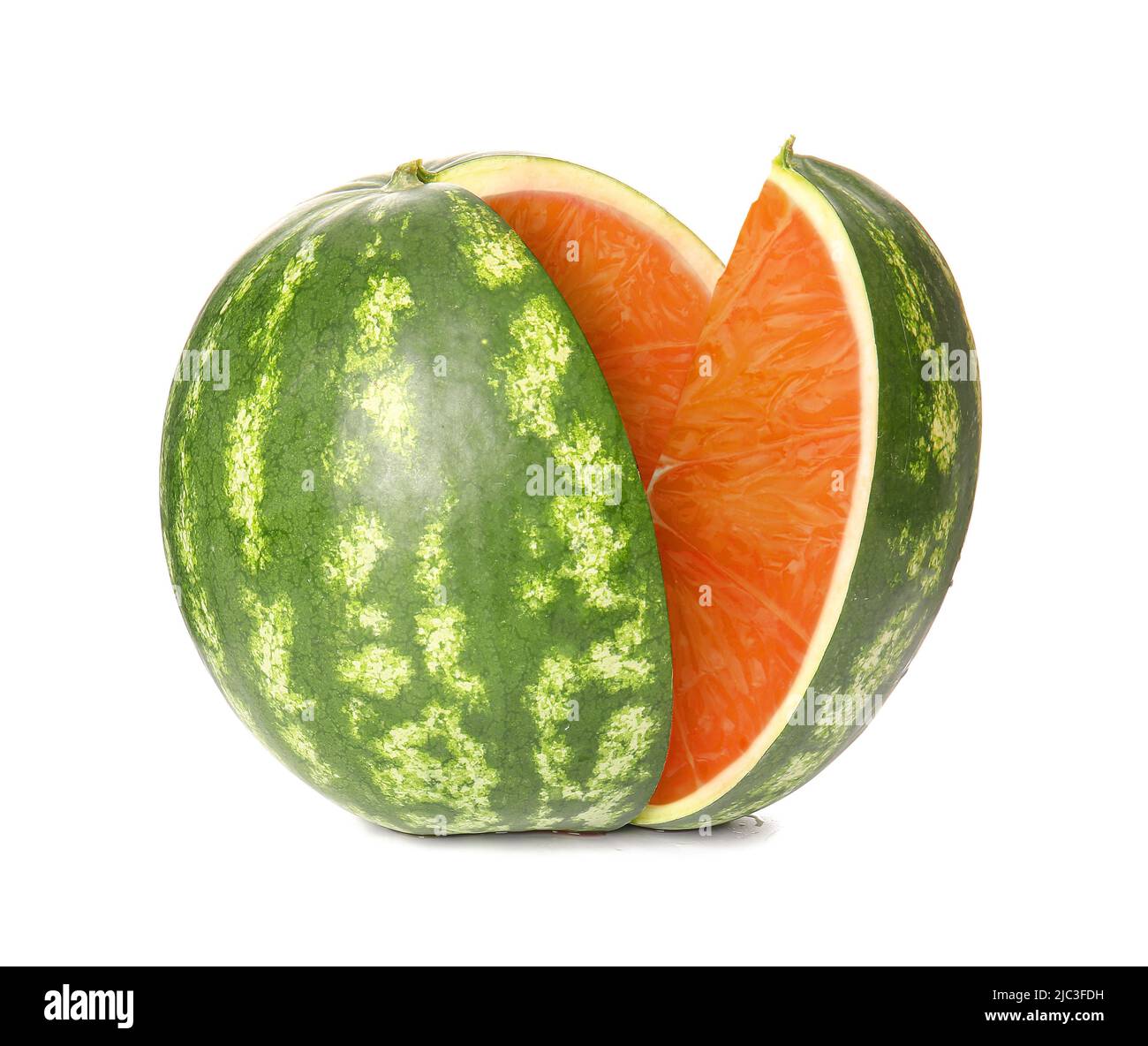 Cut watermelon with grapefruit inside on white background. Concept of ...