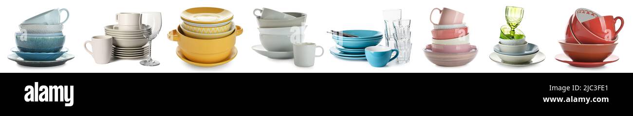 Set of different tableware on white background Stock Photo - Alamy