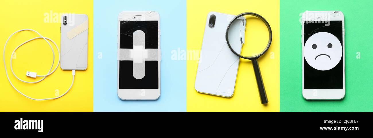 Set of damaged mobile phones on color background Stock Photo - Alamy