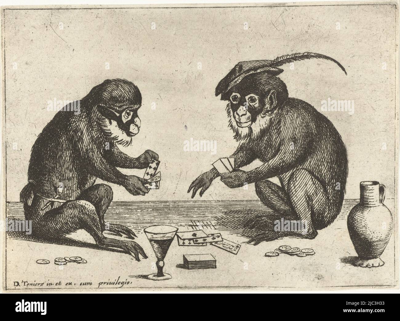 Two monkeys are sitting on the ground playing cards. The one on the ...