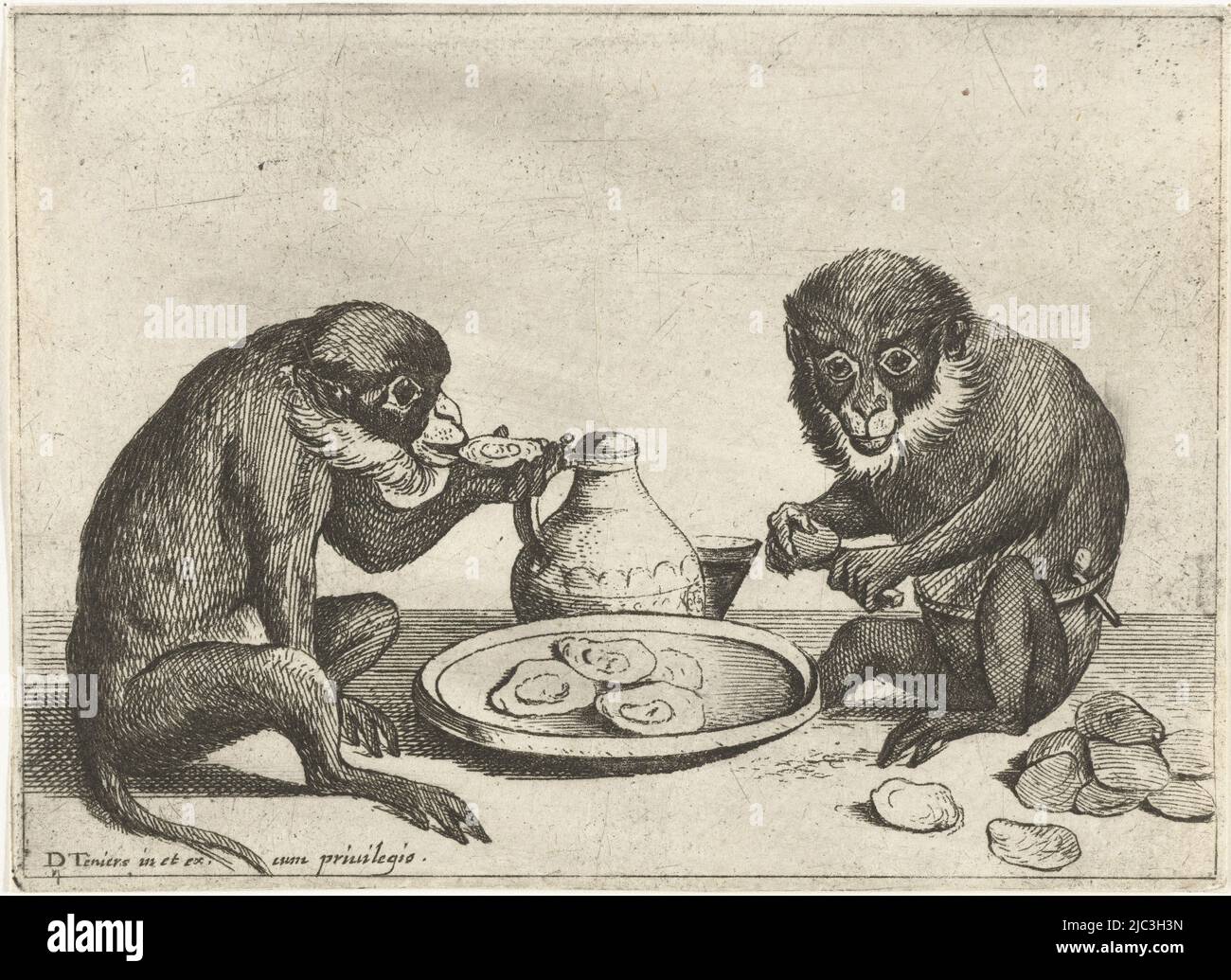 Two monkeys are sitting on the ground in front of a bowl of oysters ...