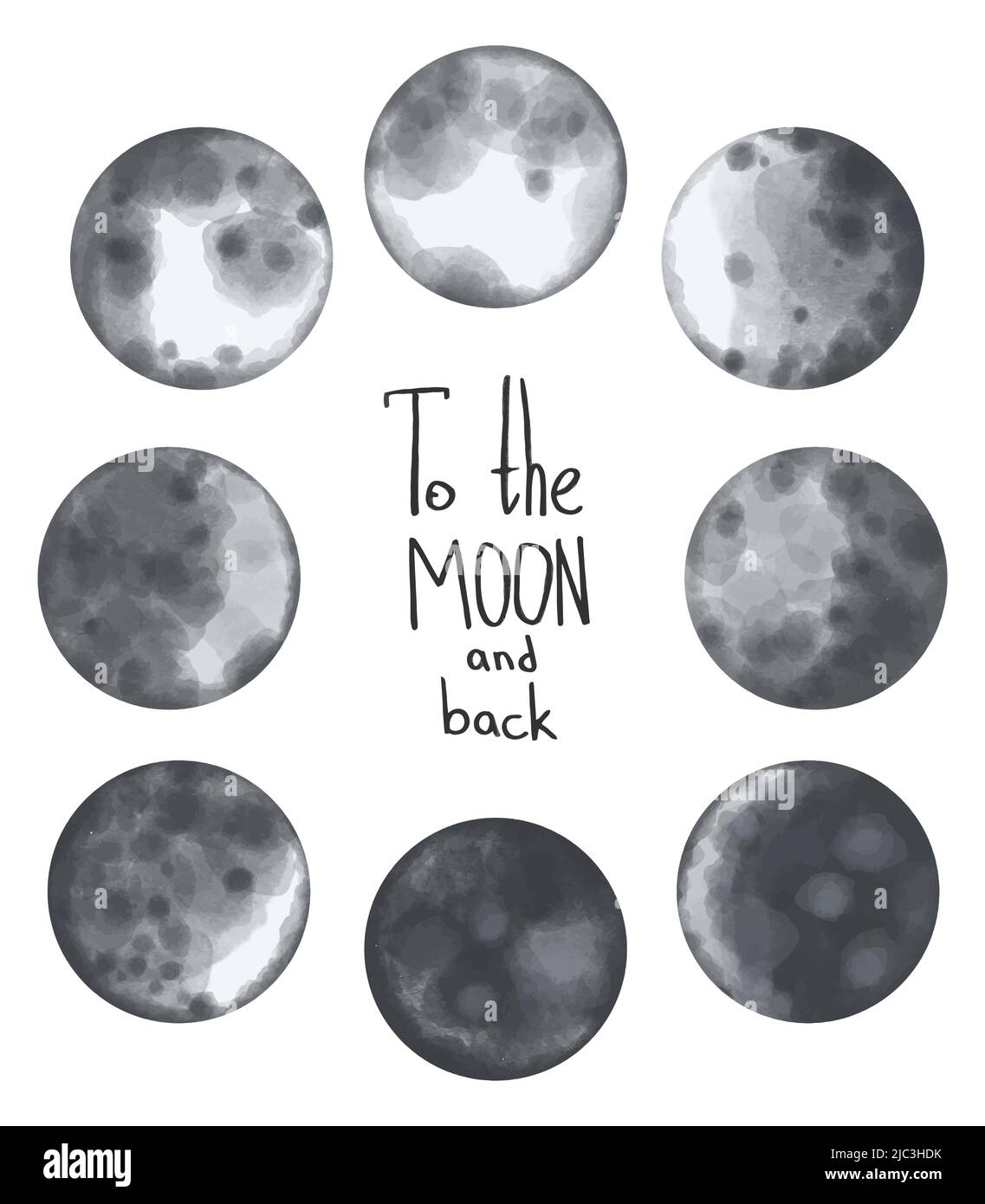Vector Watercolor collection of moon phases. To the moon and back hand ...