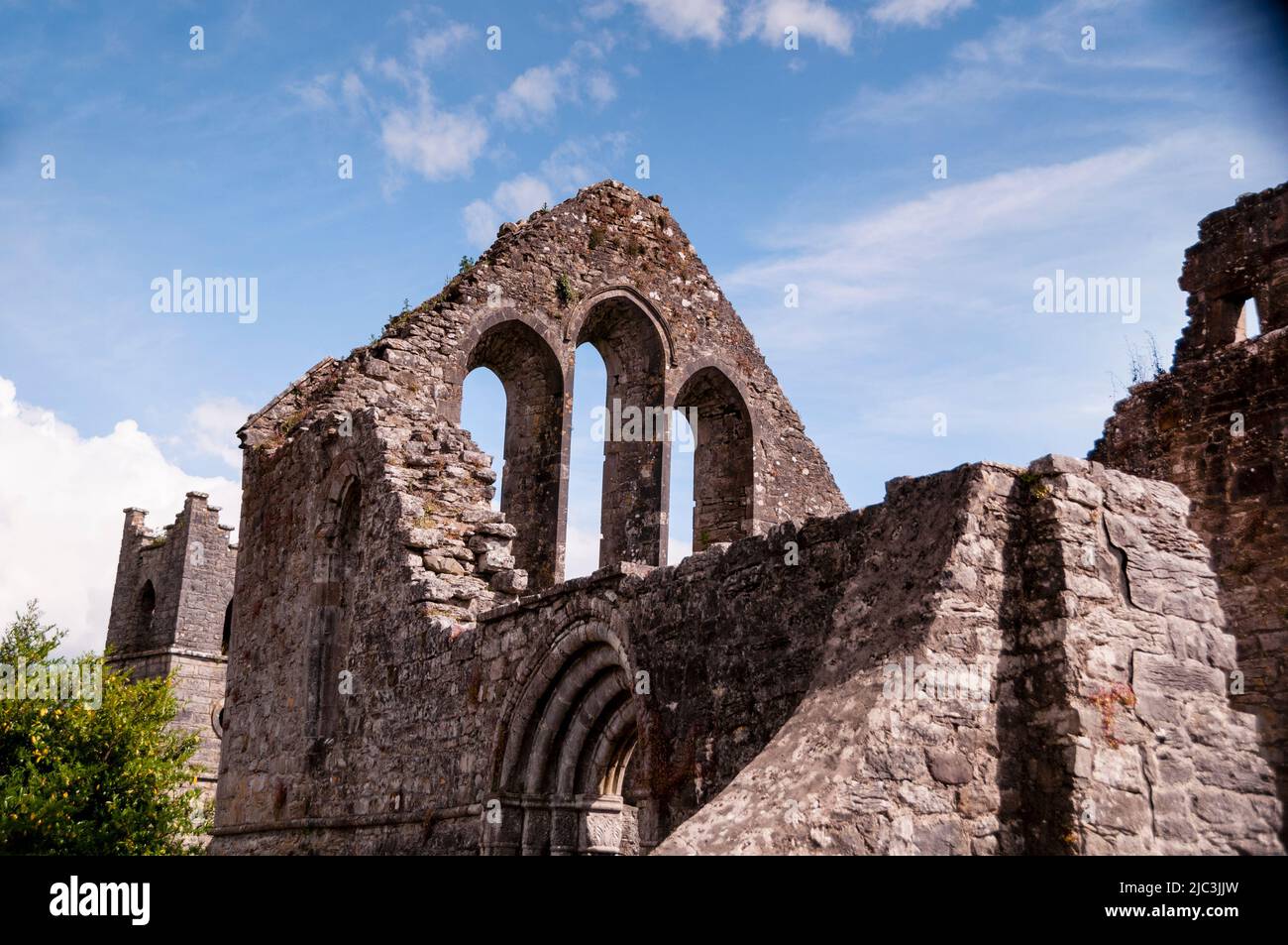 Romanesque arched entrance and lancet church windows of the Cong Abbey ...
