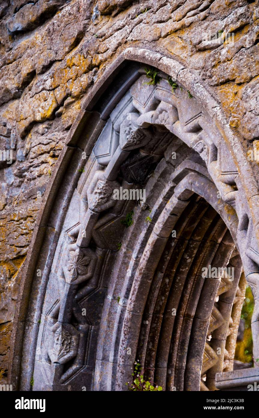 Early Gothic carved pointed arch at Cong Abbey Ruins in Cong, Ireland ...
