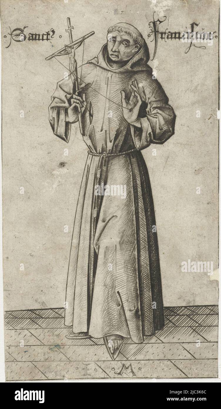 Francis of Assisi holding a crucifix in his right hand. To the left and ...